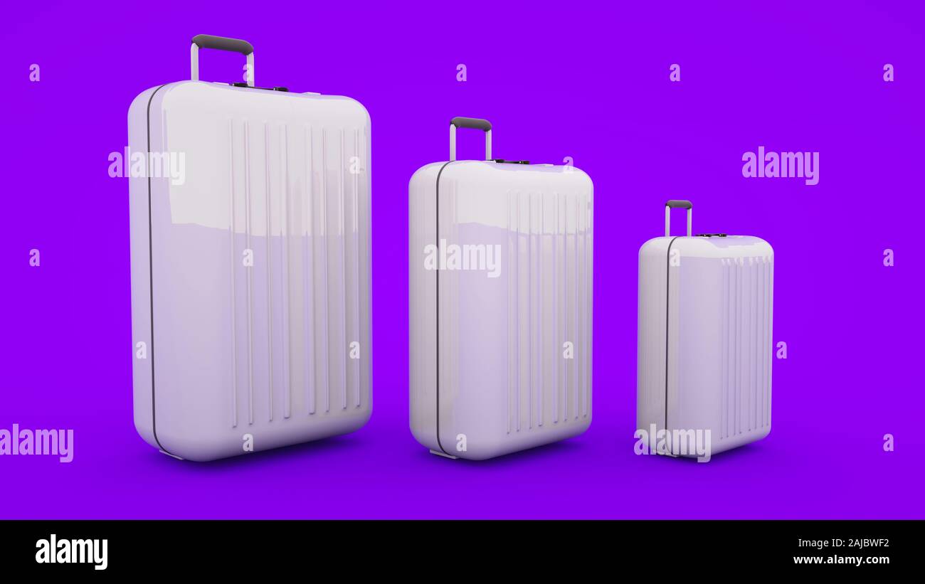 Three suitcases isolated on purple background, 3d illustration Stock ...