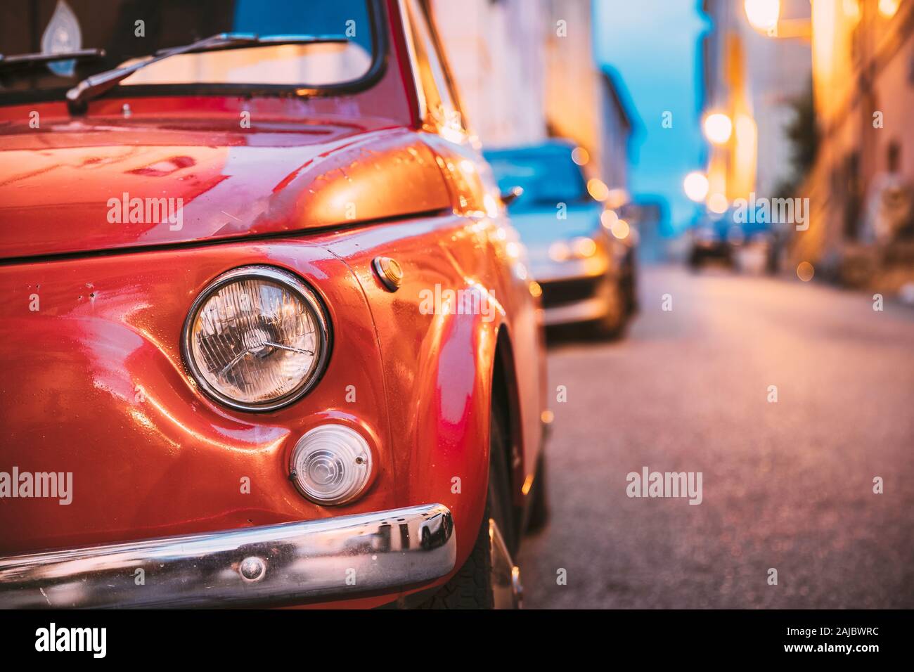 Close Up Headlight Of Old Vintage Retro Red Car In Evening Night Time ...
