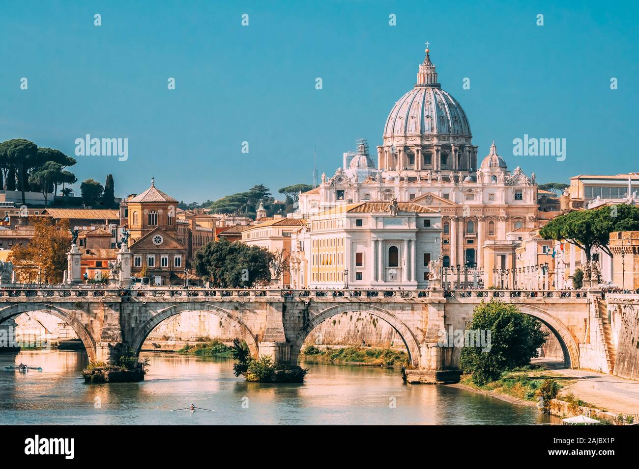 Rome, Italy. Man Training On Kayak Near Aelian Bridge. Papal Basilica ...