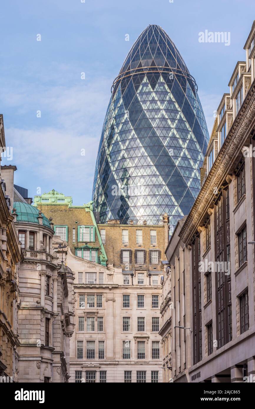 View of The Gherkin and surrounding buildings and streets.30 St Mary ...