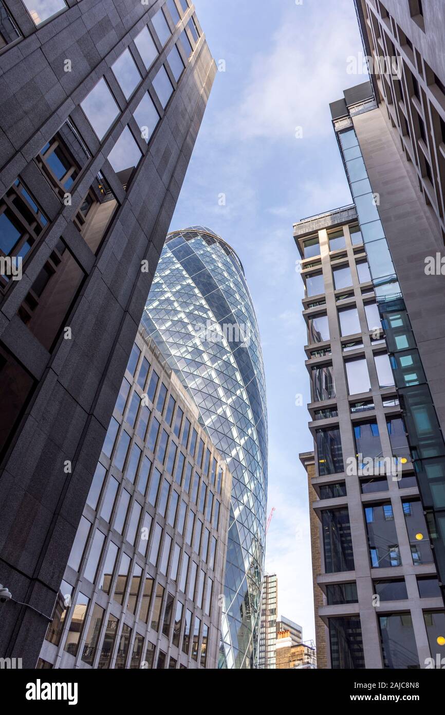 View of The Gherkin and surrounding buildings and streets.30 St Mary ...