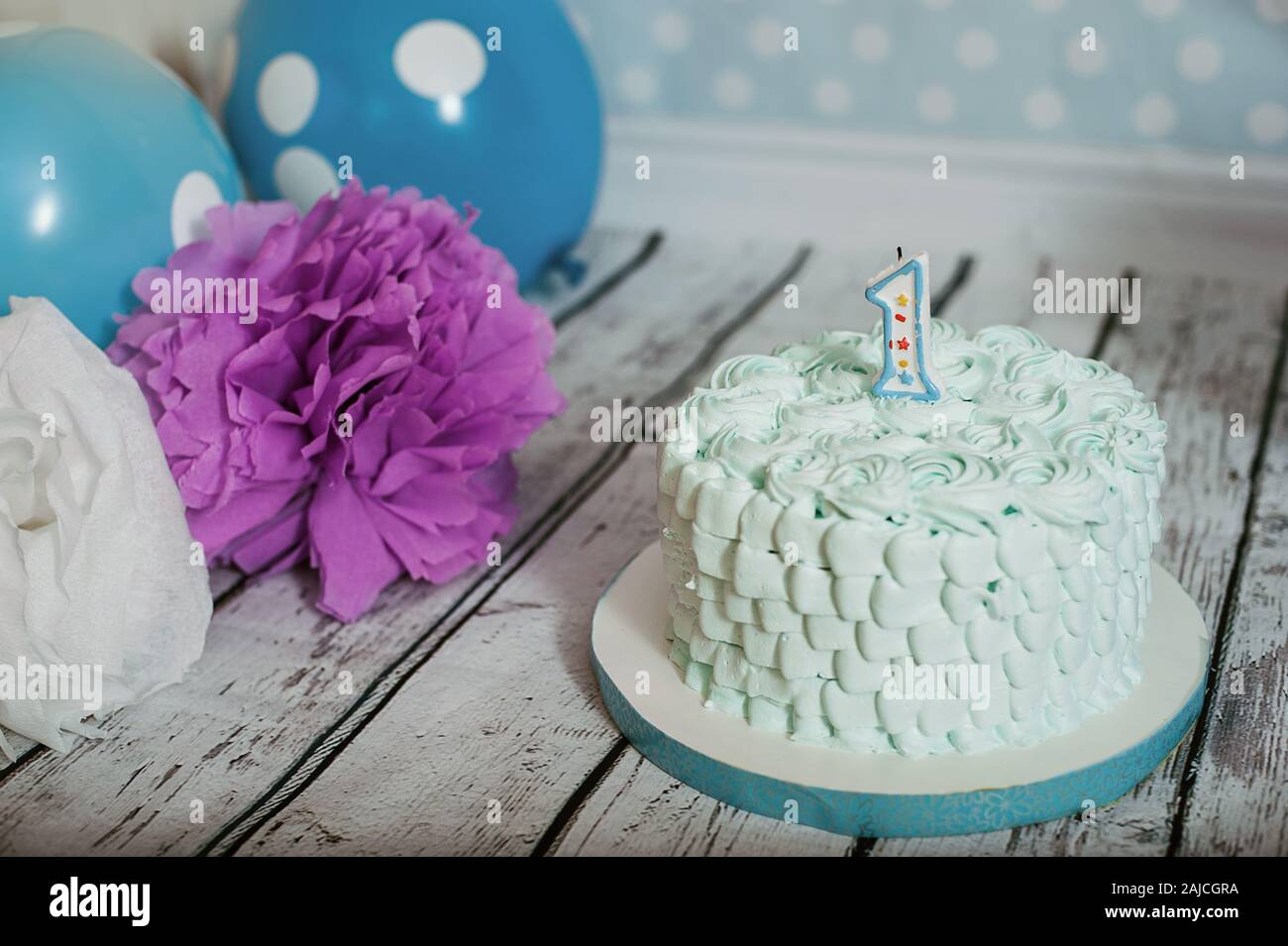 cake for the first birthday. Scenery. Birthday cake in blue color Stock ...