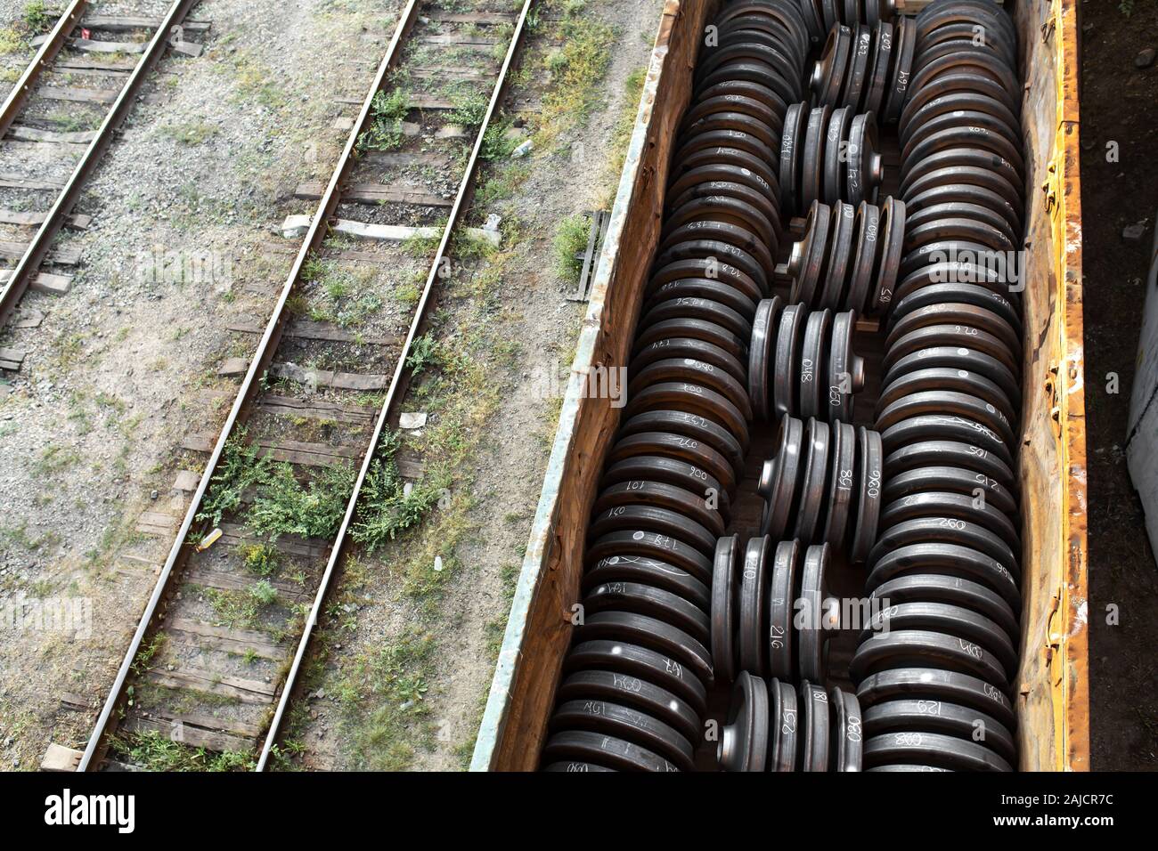 Railway carriage loaded with new train wheels Stock Photo - Alamy