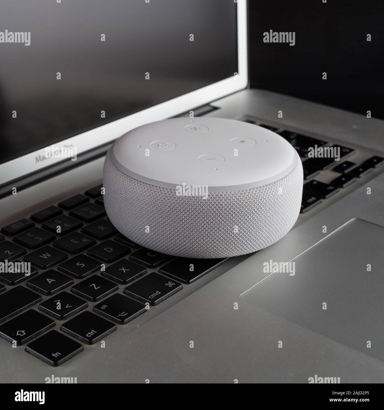 white digital voice assistant with computer on a black background Stock ...