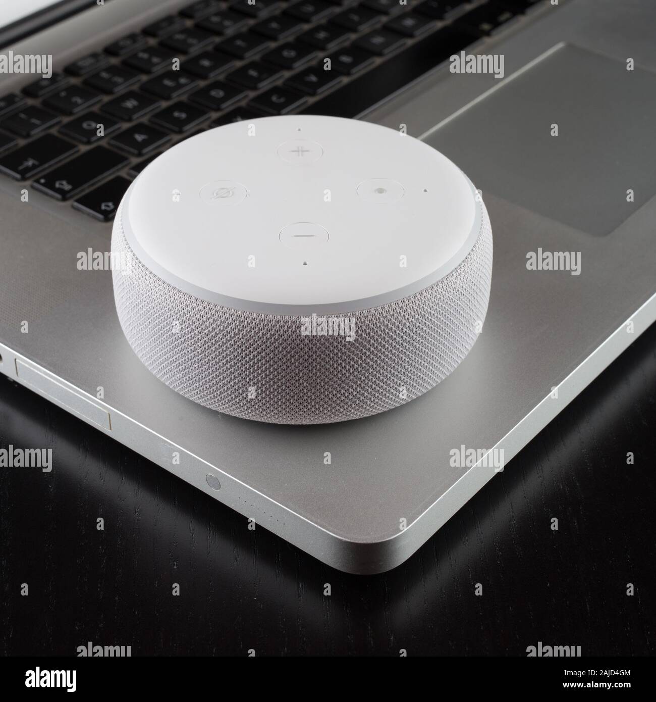 white digital voice assistant with computer on a black background Stock ...