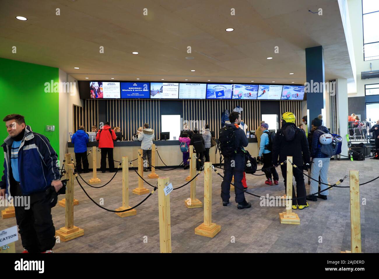 Interior view of the ticketing hall of Mont-Orford Ski Resort.Mont ...