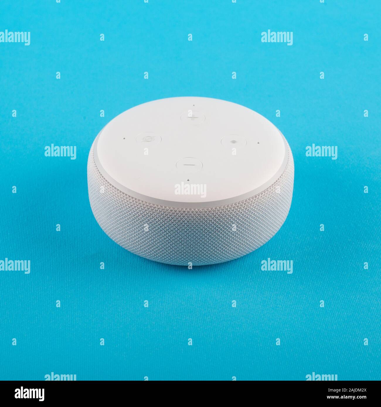 white digital voice assistant on light blue background Stock Photo - Alamy