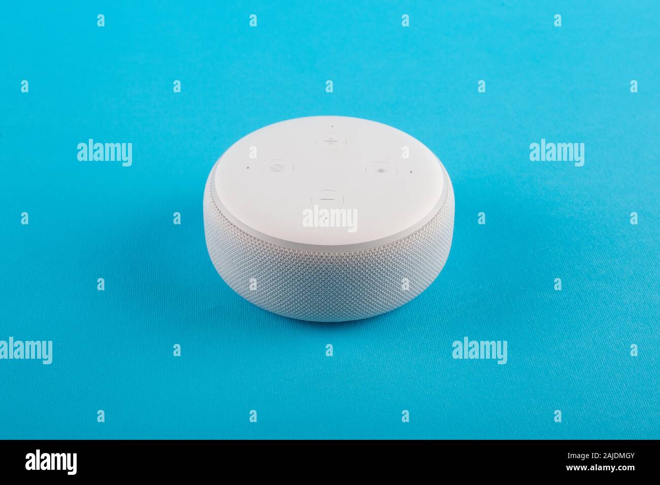 white digital voice assistant on light blue background Stock Photo - Alamy