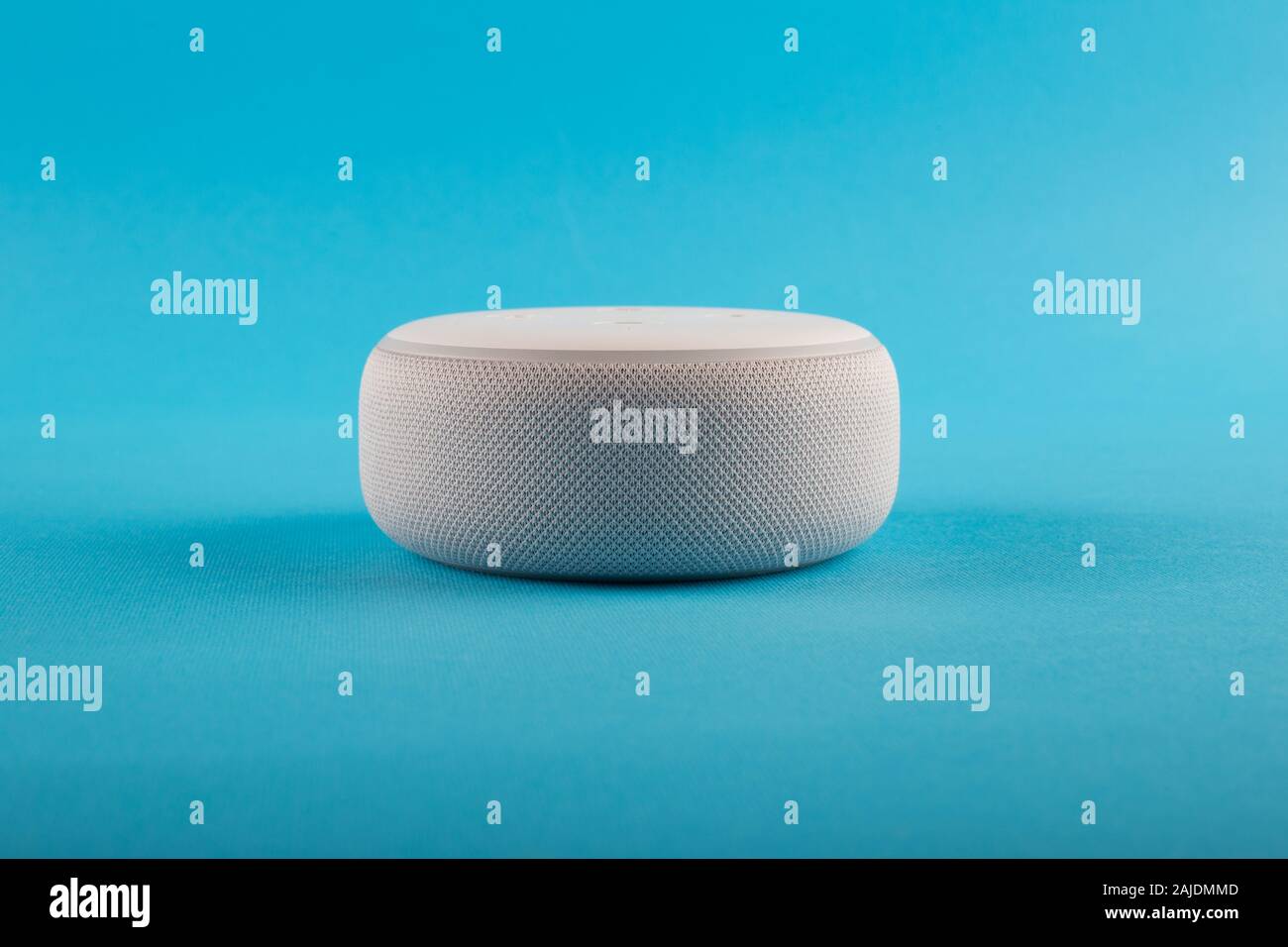 white digital voice assistant on light blue background Stock Photo - Alamy