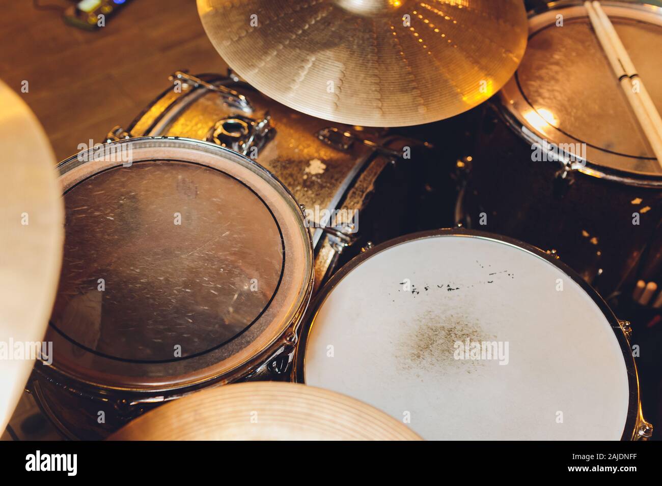 Modern drum set in studio prepared for playing Stock Photo - Alamy
