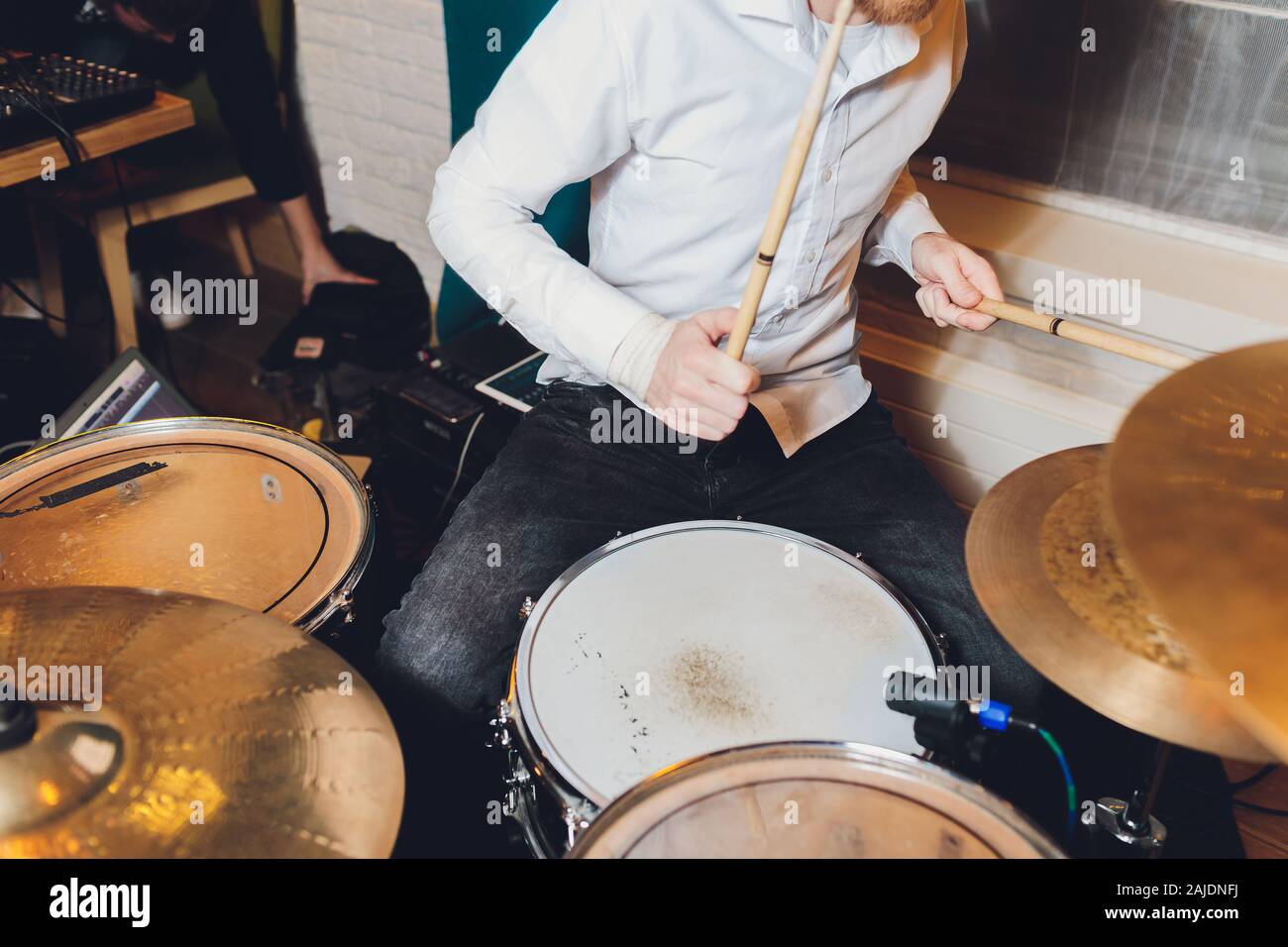 Modern drum set in studio prepared for playing Stock Photo - Alamy