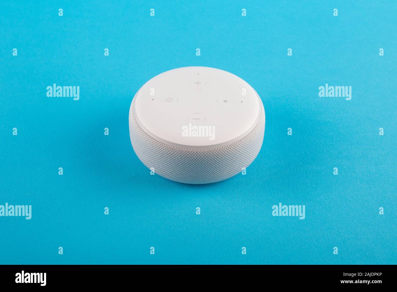 white digital voice assistant on light blue background Stock Photo - Alamy