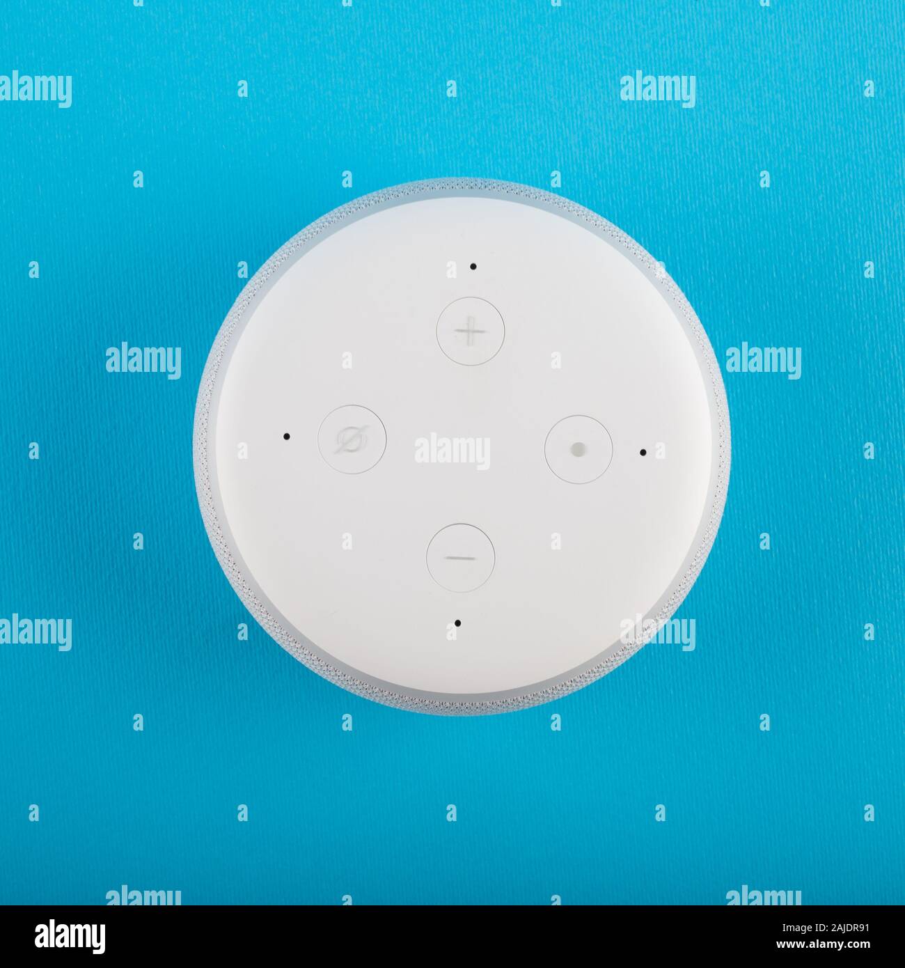 white digital voice assistant on light blue background Stock Photo - Alamy