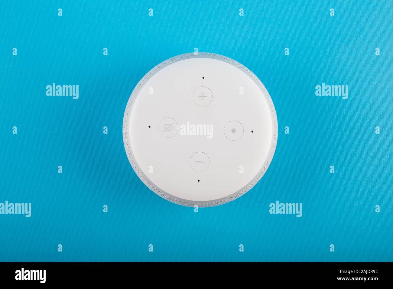 white digital voice assistant on light blue background Stock Photo - Alamy