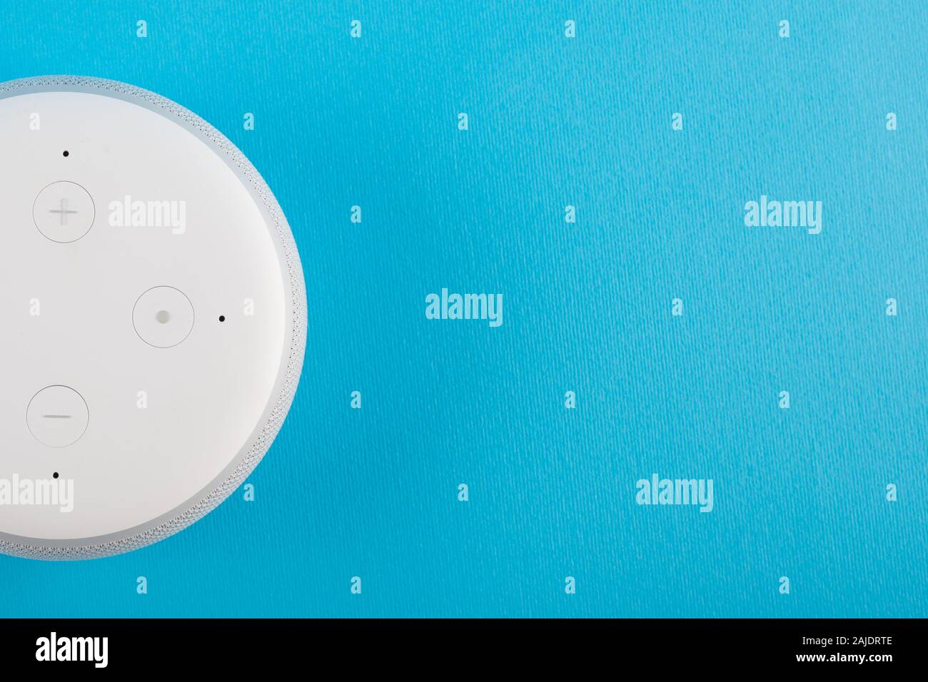white digital voice assistant on light blue background Stock Photo - Alamy