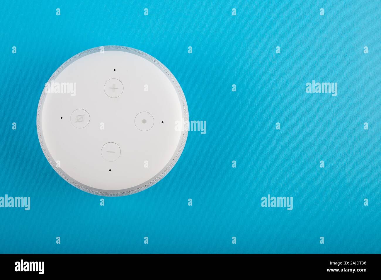 white digital voice assistant on light blue background Stock Photo - Alamy
