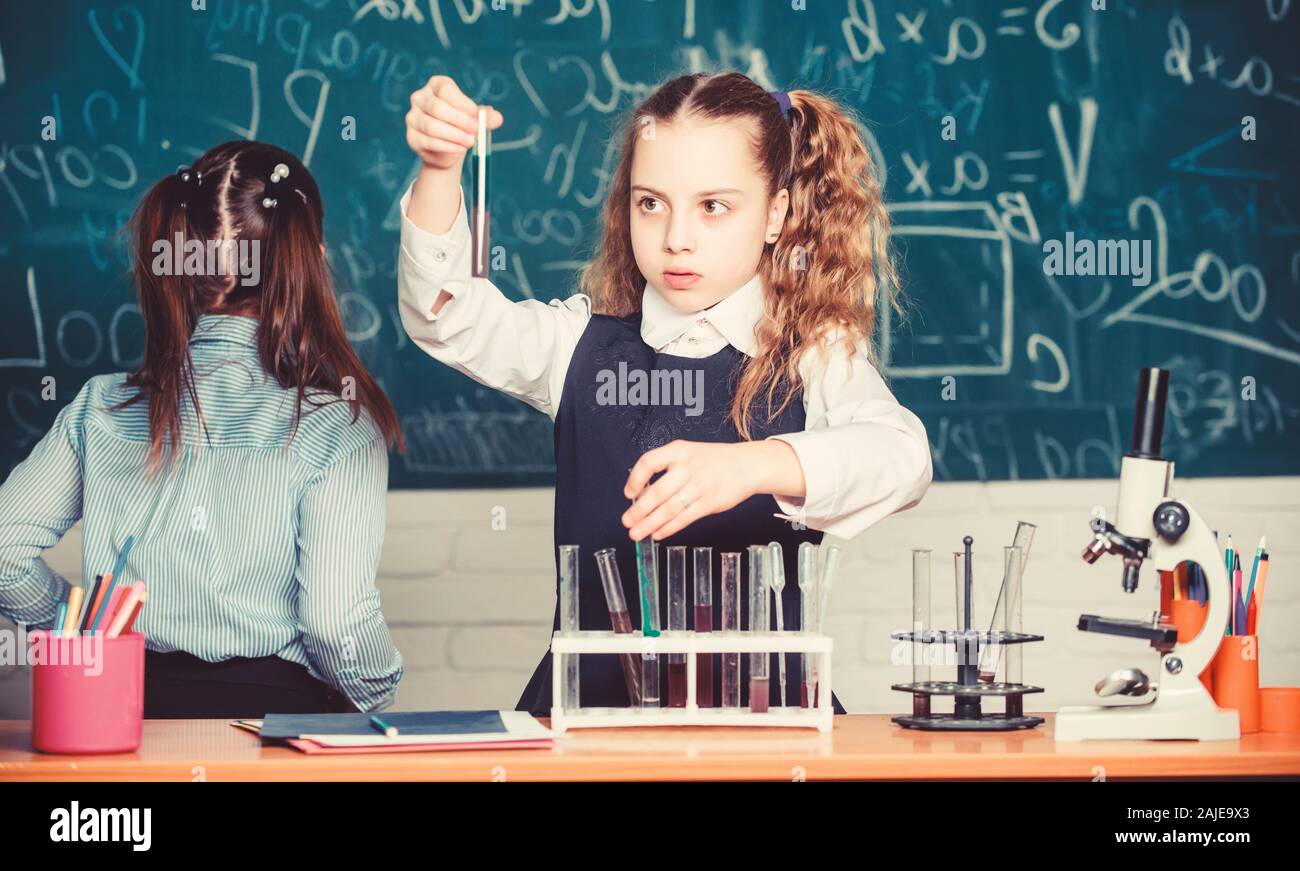 Lab microscope and testing tubes. Chemistry science. Little children ...