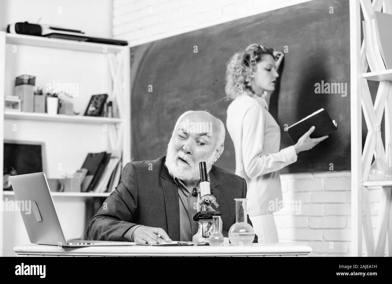 Biology science. Student study. Educator and student classroom. Girl ...