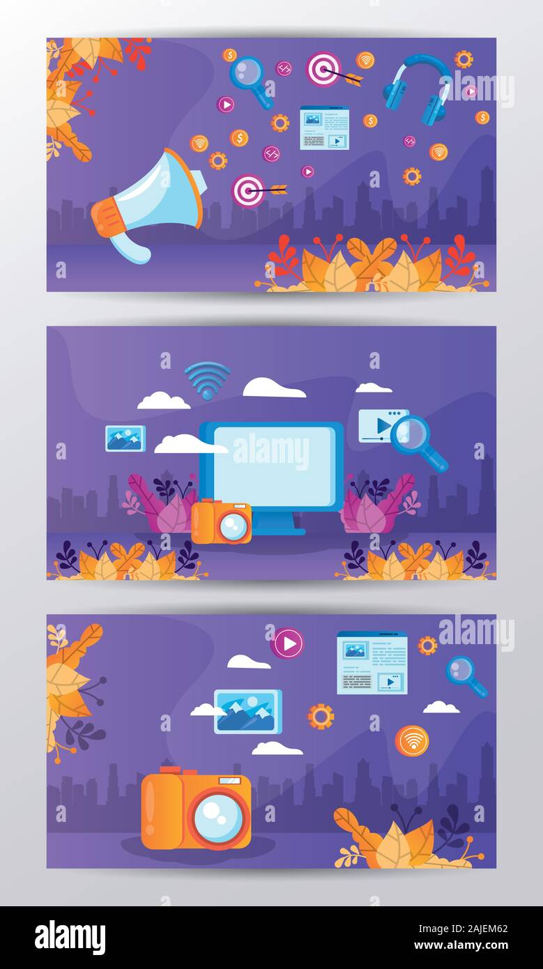 bundle of gadgets with social media marketing icons Stock Vector Image ...