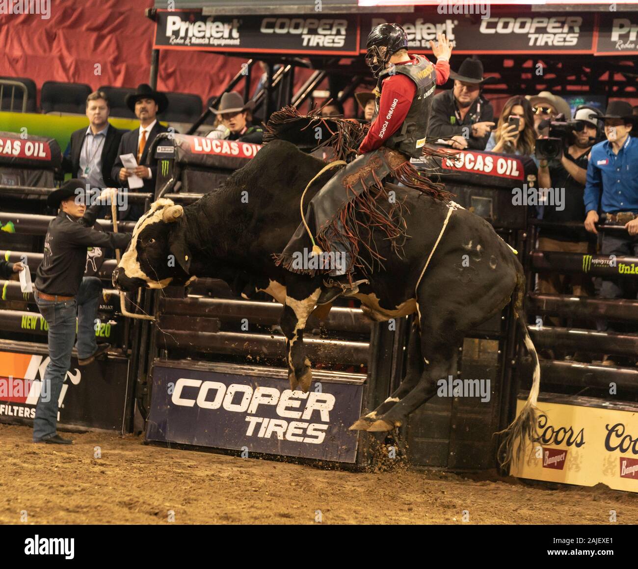 New York, NY - January 3, 2020: Brock Radford rides bull during first ...