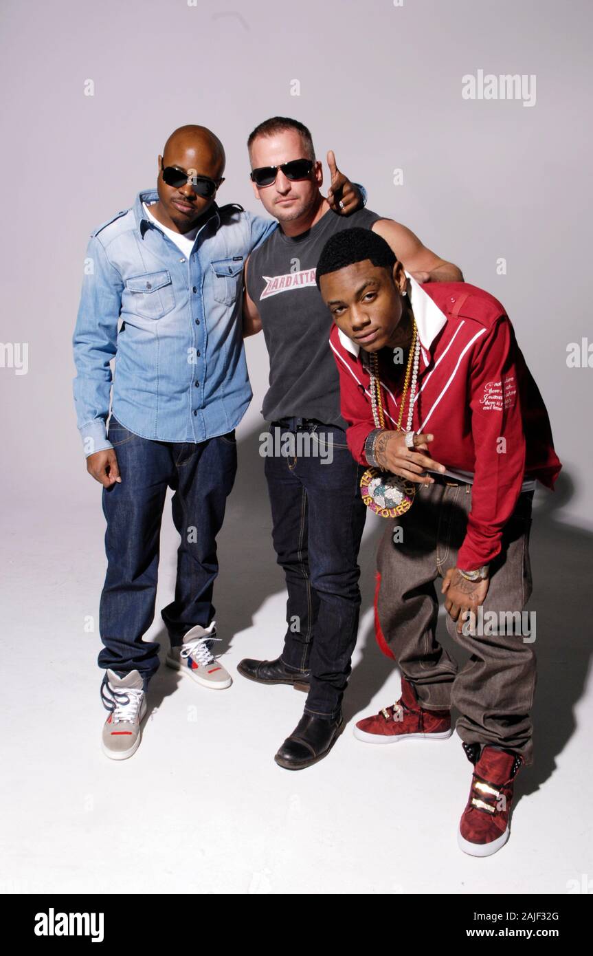 (L-R) Mr. Collipark, Rage and Rapper Deandre Way aka Soulja Boy on set ...
