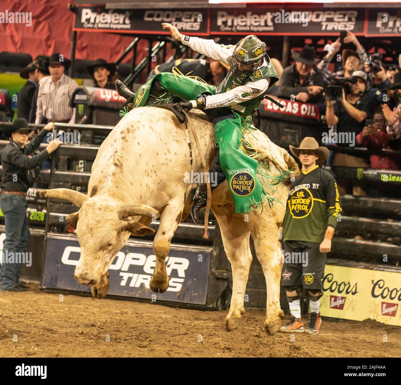 New York, NY - January 3, 2020: Jess Lockwood rides bull during first ...