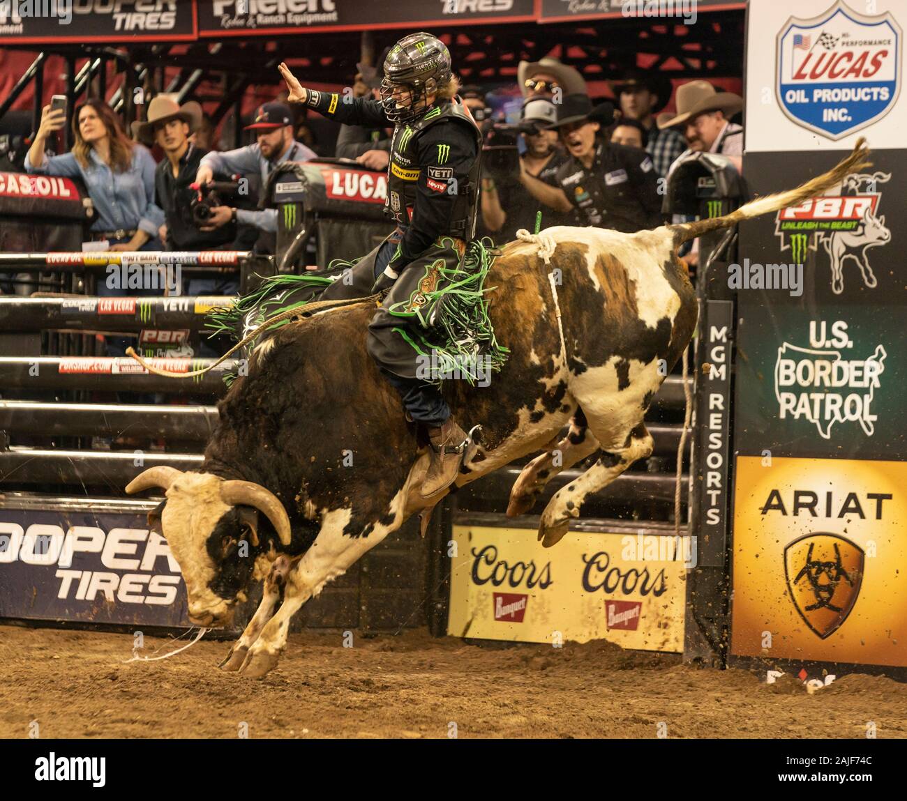 New York, NY - January 3, 2020: Derek Kolbaba rides bull during first ...