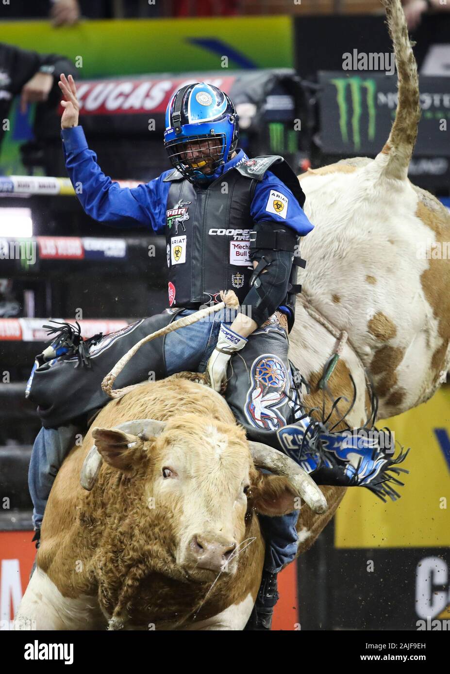 New York, USA. 3rd Jan, 2020. Ryan Dirteater rides on bull Nailed on ...