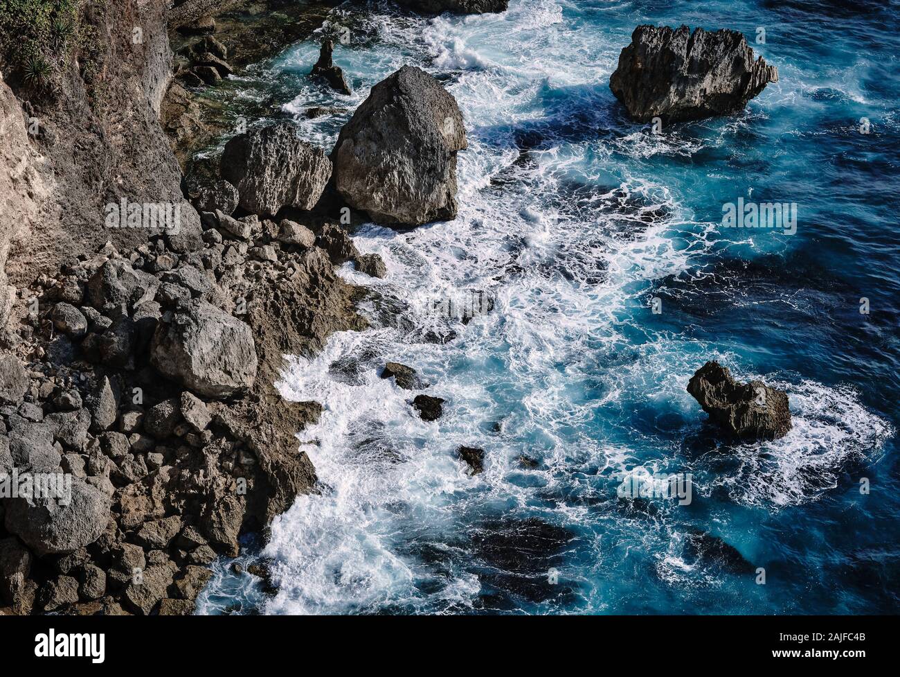 Aerial view to sea landscape, water with waves and rocks. Dramatic ...
