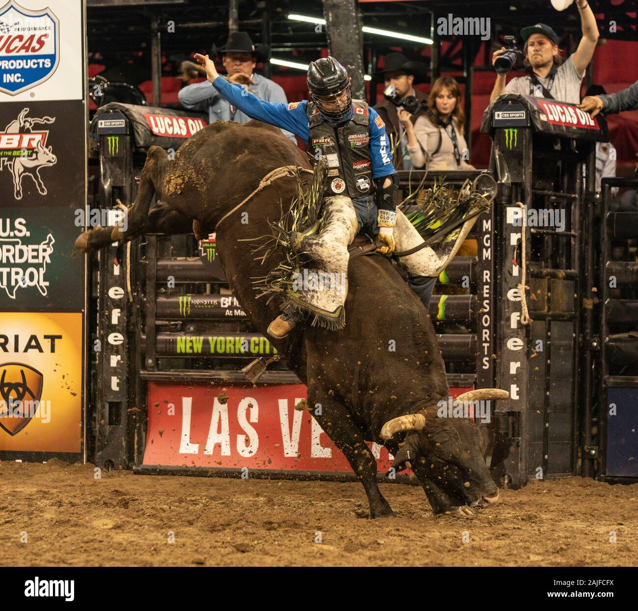 New York, NY - January 3, 2020: Dakota Buttar rides bull during first ...