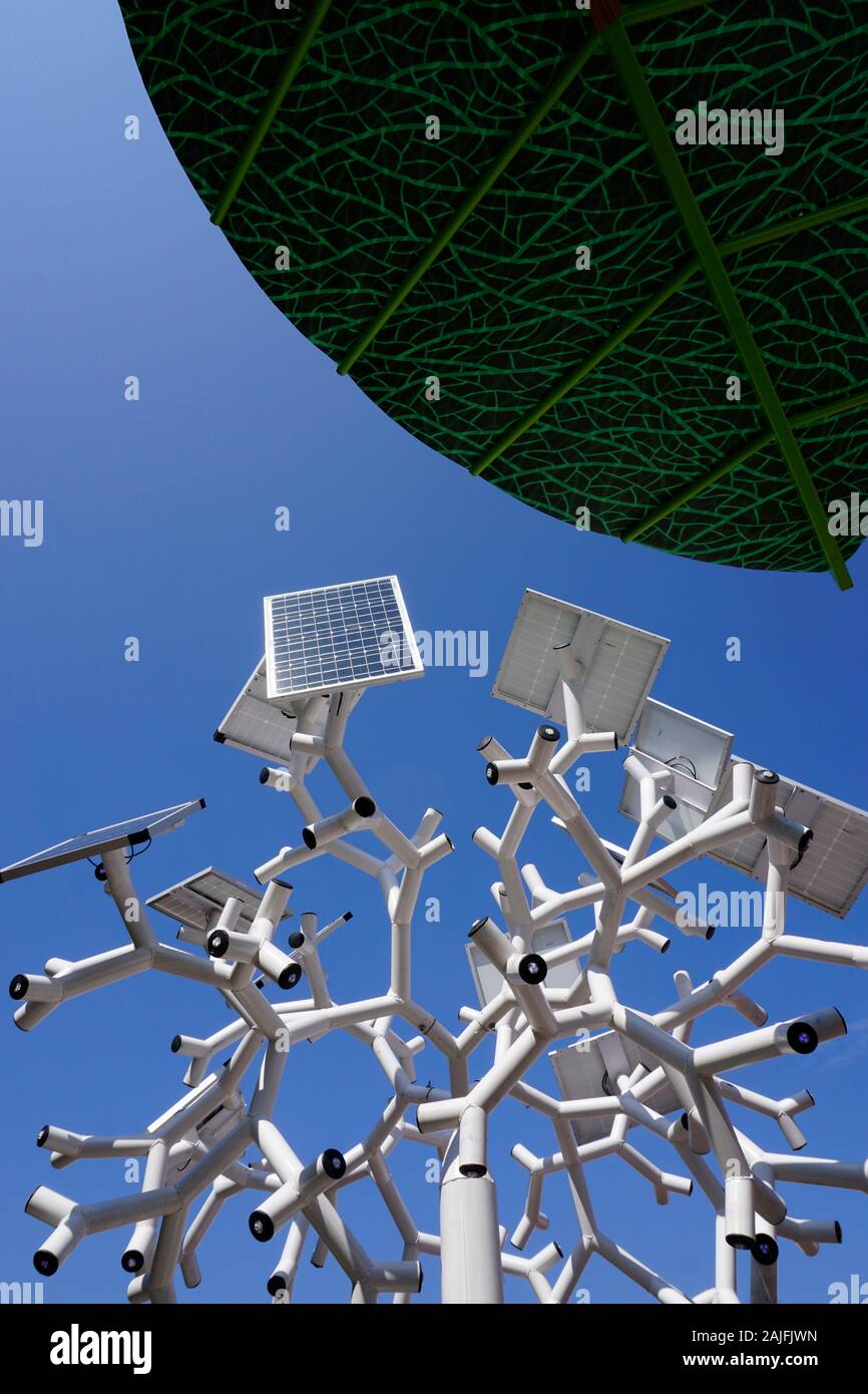 Smart charging solar panels tree. The tree uses energy stored by the ...