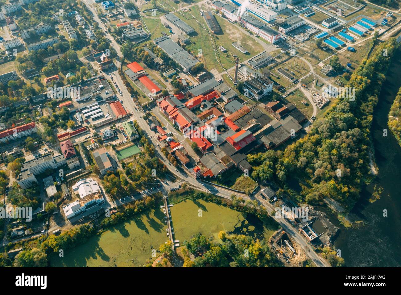 Dobrush, Gomel Region, Belarus. Aerial View Of Old And Modern Paper ...