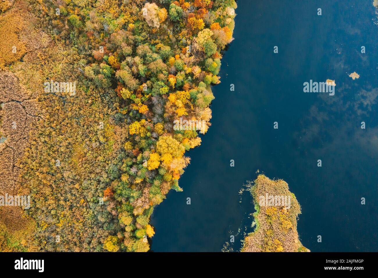 Aerial View Of Green Grass Landscape. Top View Of River Coast From High ...