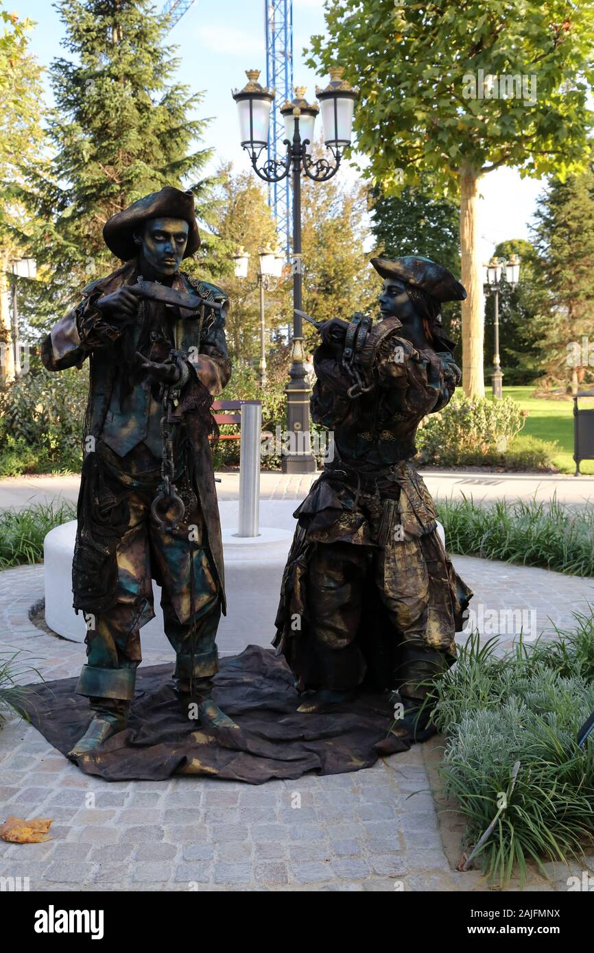 Timisoara, Romania- 09.06.2019 Living statue of two pirates. Woman and ...
