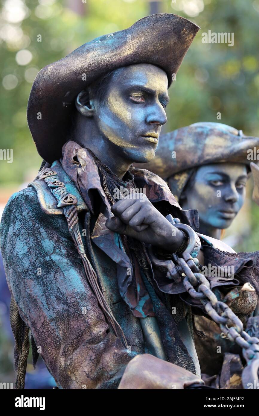 Timisoara, Romania- 09.06.2019 Living statue of two pirates. Woman and ...