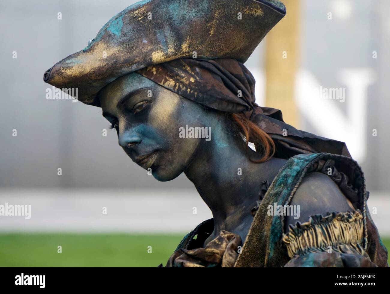 Timisoara, Romania- 09.06.2019 Living statue of two pirates. Woman and ...