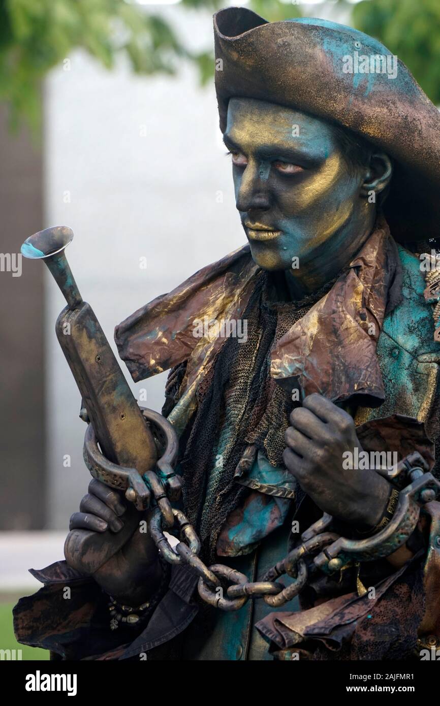 Timisoara, Romania- 09.06.2019 Living statue of two pirates. Woman and ...