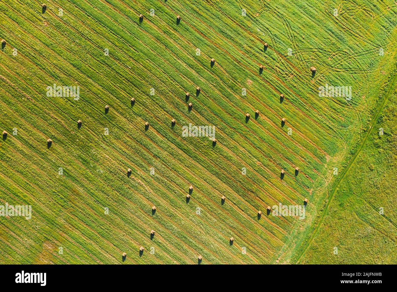 Aerial View of Summer Field Landscape With With Dry Hay Bales During ...