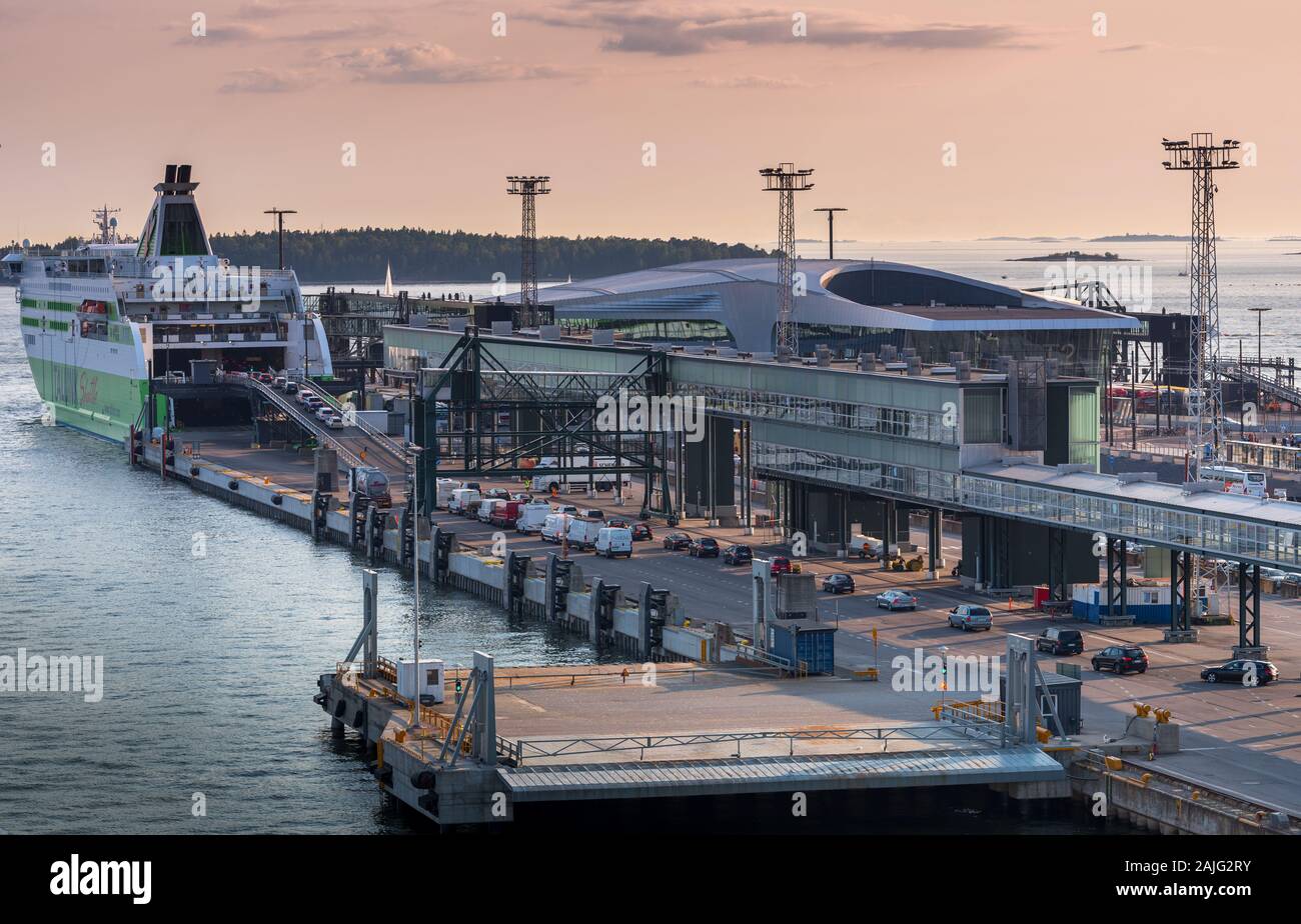 Helsinki, Finland: Aerial view of Helsinki port at sunset, tourist cars ...