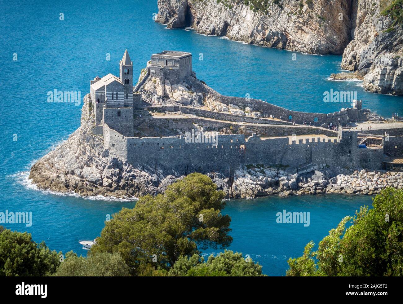 Porto Venere, Portovenere, Liguria, Italy: aerial scenic view of Church ...
