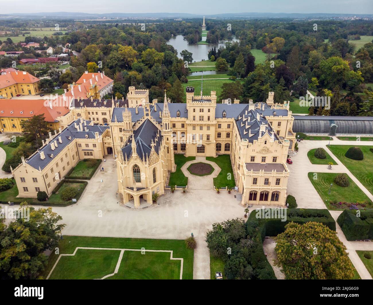 Aerial view. Lednice Chateau on sunny summer day, Moravia, Czech ...