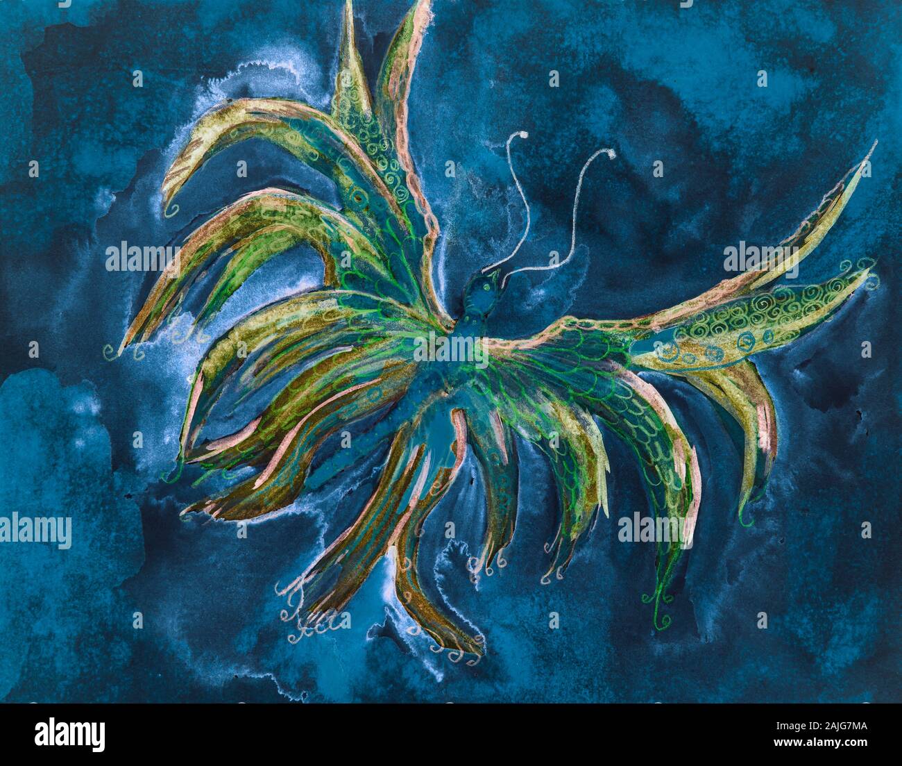 Ornamental butterfly flying in a psychedelic blue sky. The dabbing ...