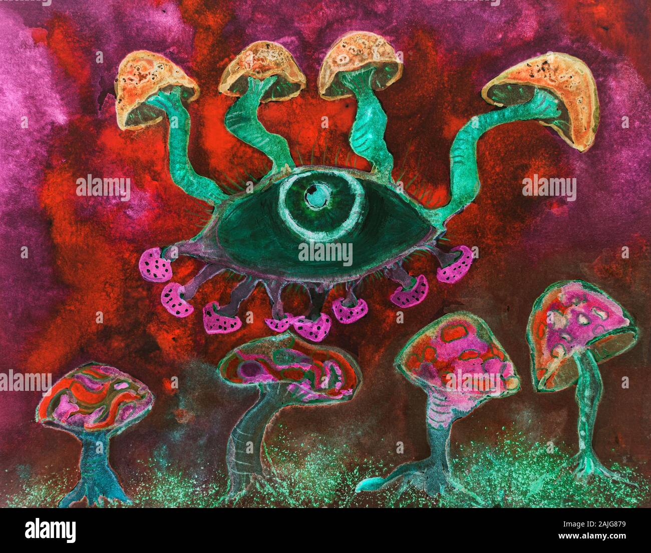 Psychedelic red mushrooms trip. The dabbing technique near the edges ...