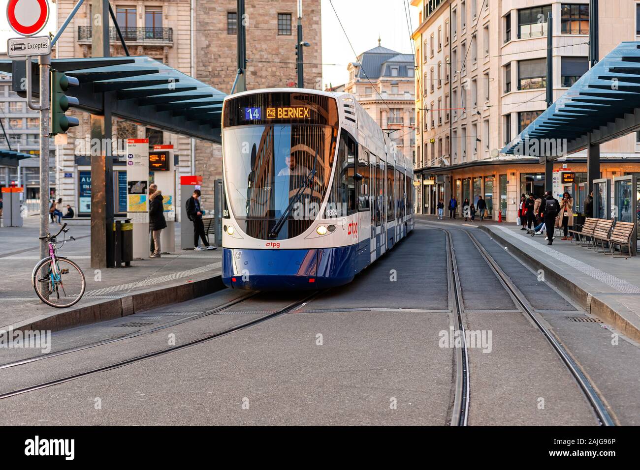 Geneva, Switzerland - April 14, 2019: City view and street ...
