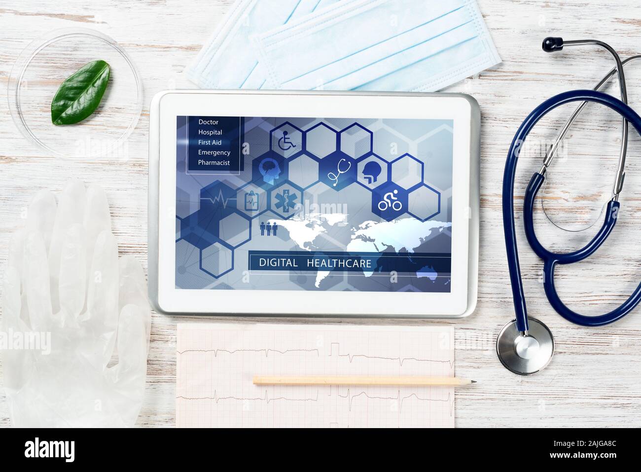 Modern social health insurance program. Tablet computer with healthcare ...