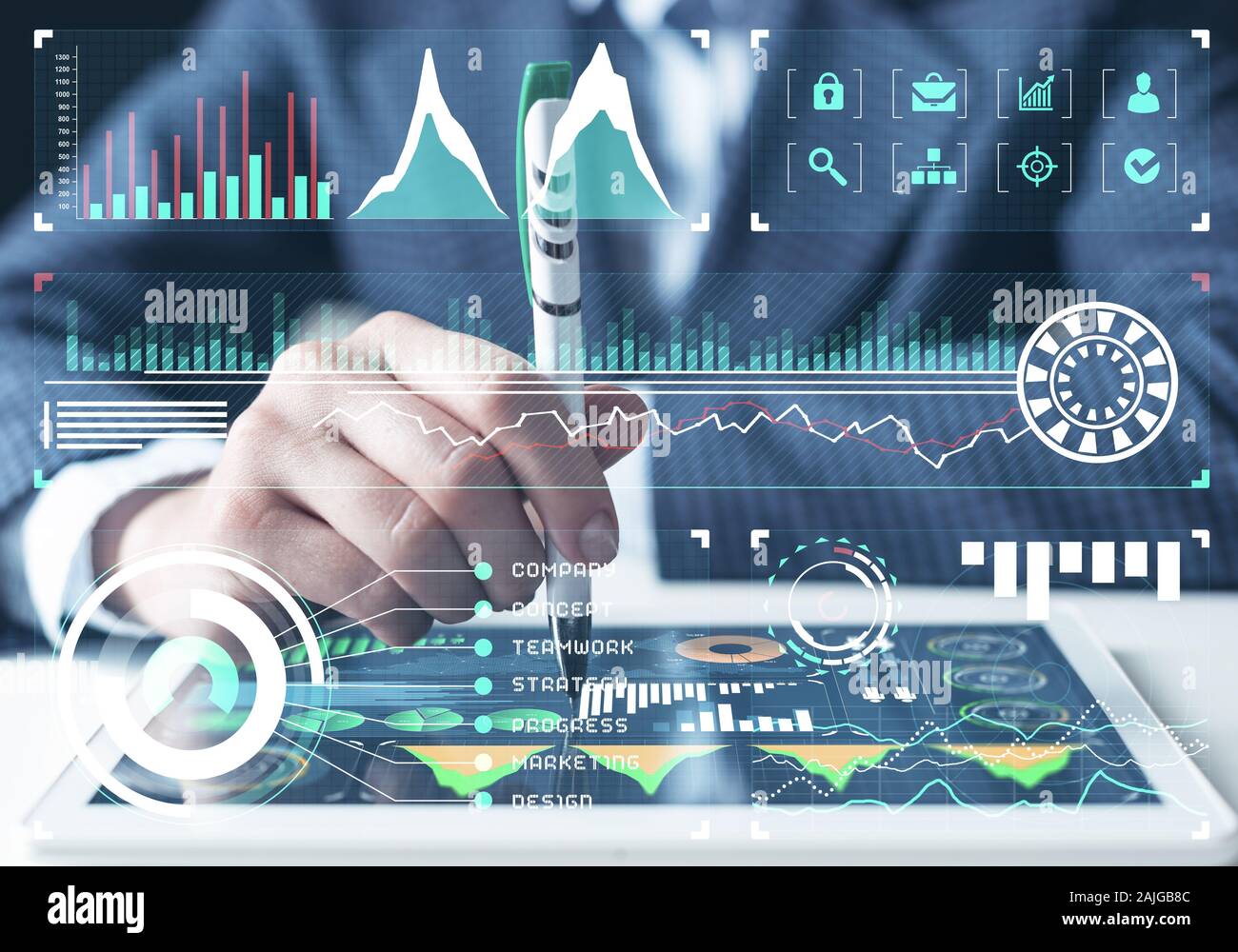 Businessman analysis trading diagram at tablet computer. Statistical ...