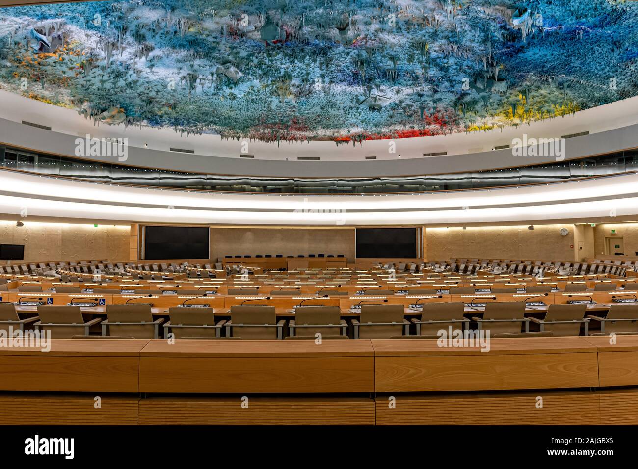 Geneva, Switzerland - April 15, 2019: An assembly hall in the Palace of ...