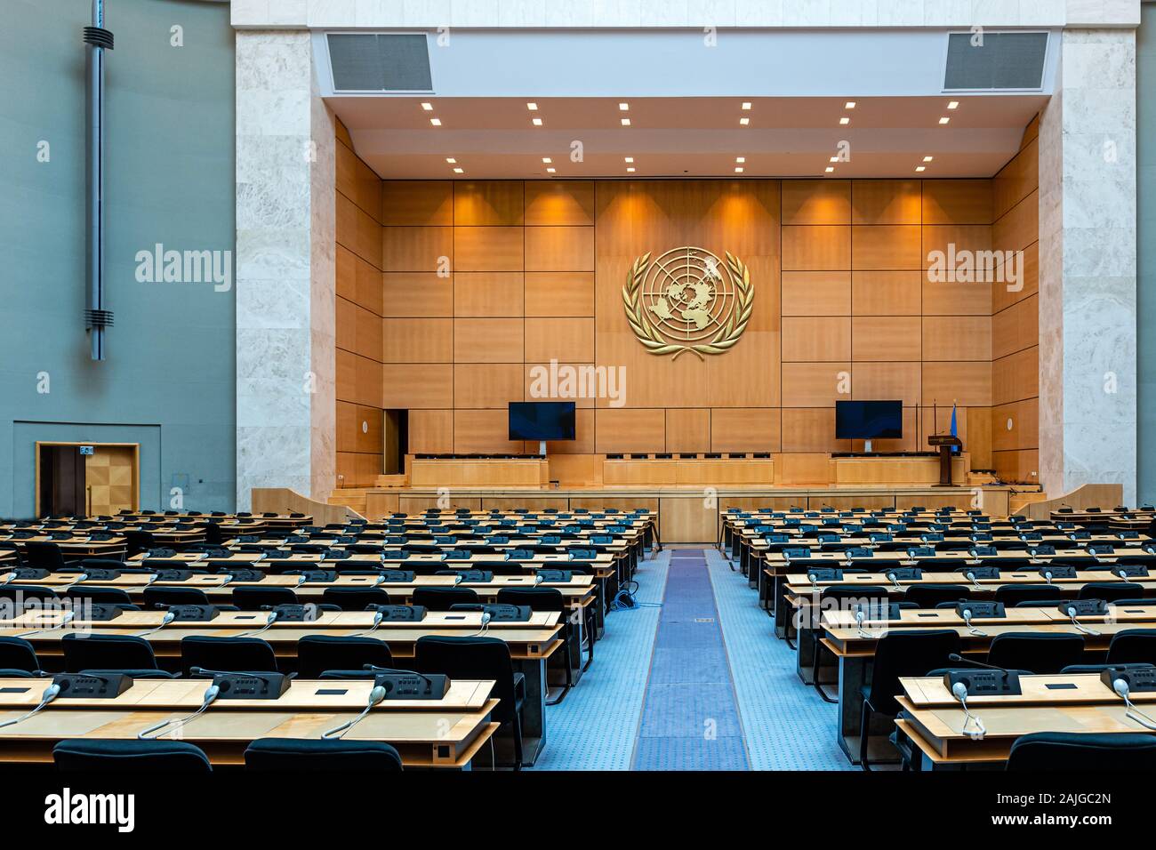 Geneva, Switzerland - April 15, 2019: An assembly hall in the Palace of ...