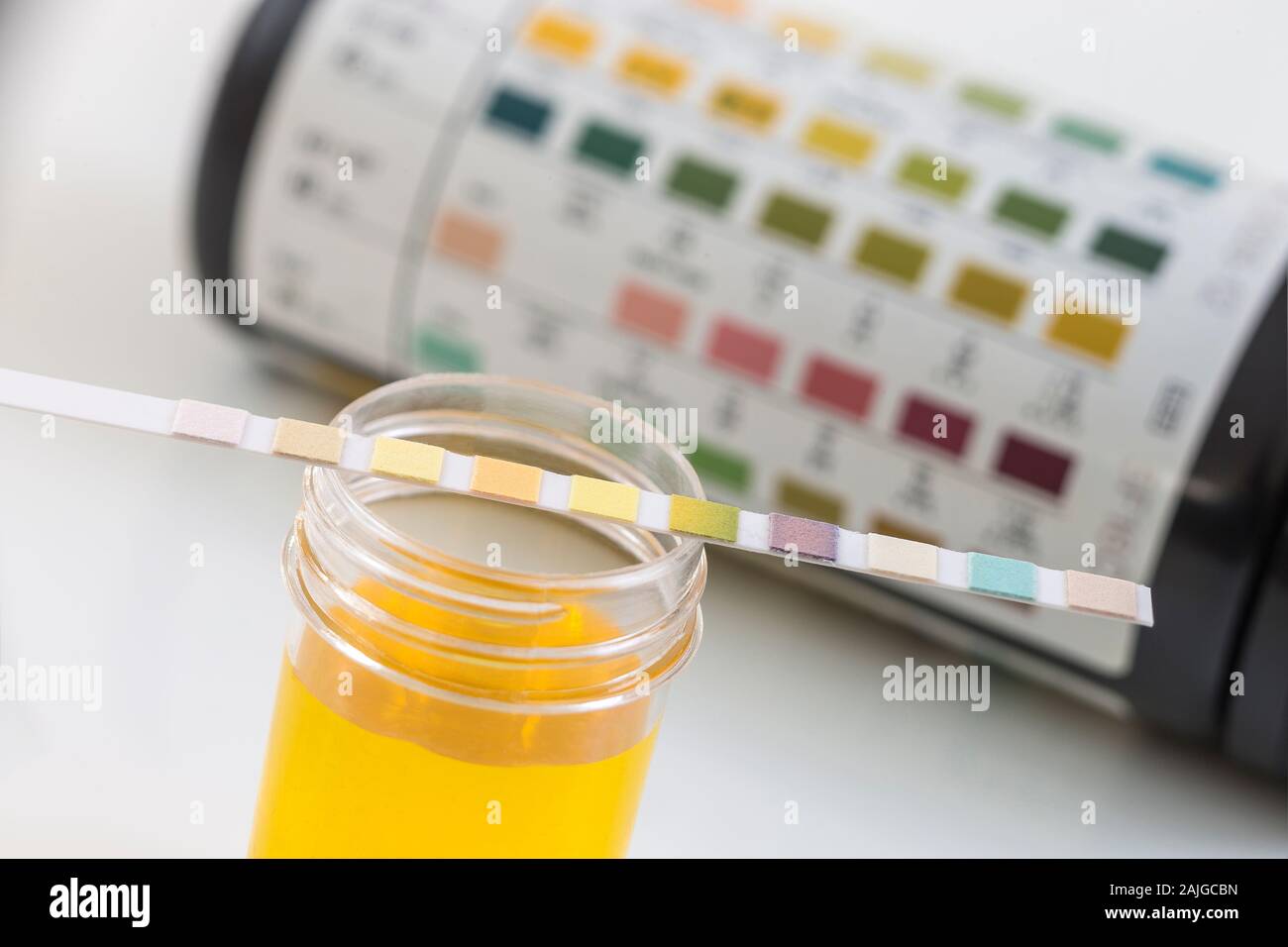 Strip of ph paper resting on specimen, with comparison chart box Stock ...