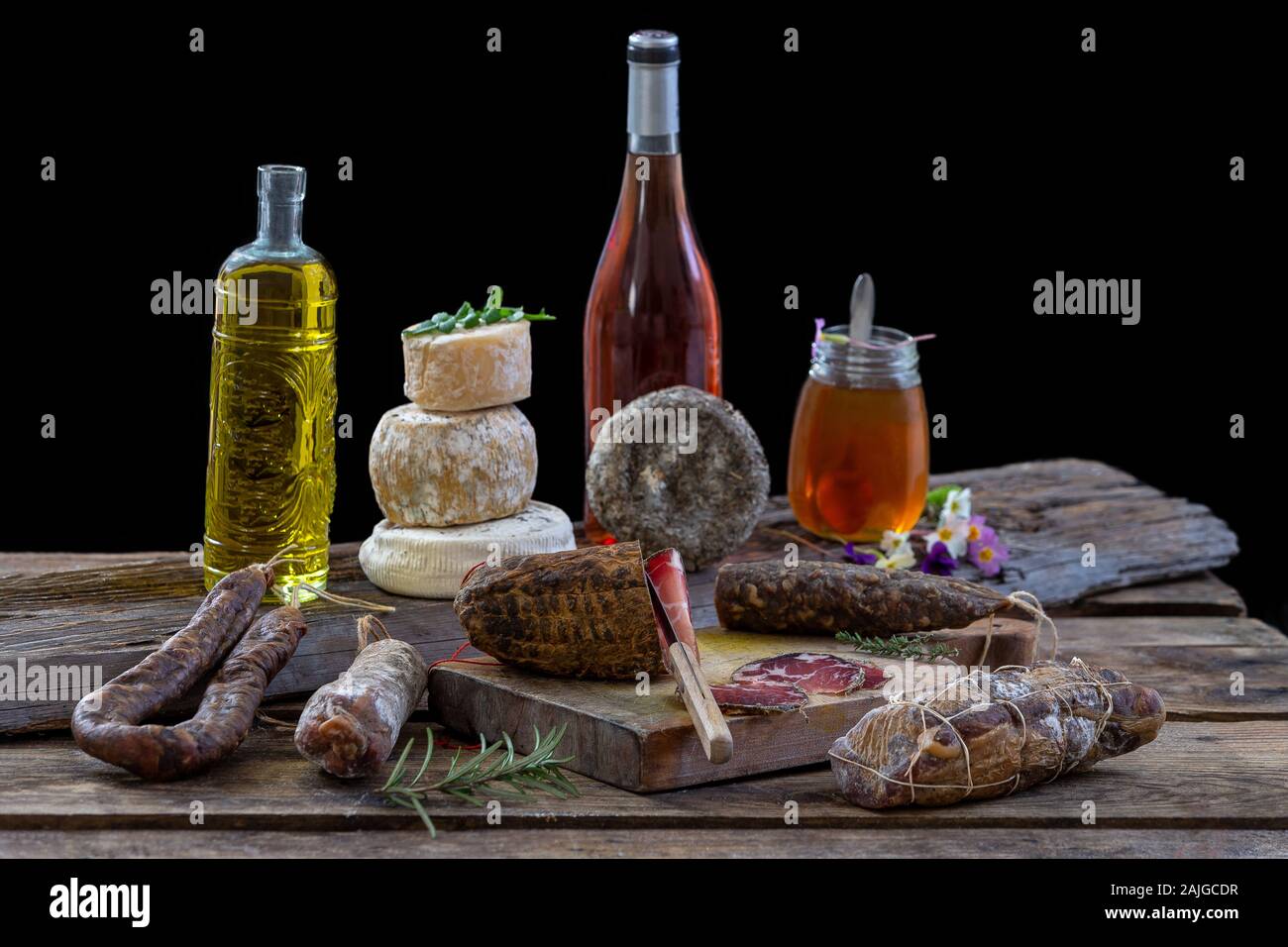 Several variety of traditional corsican delicatessen and cheese on ...